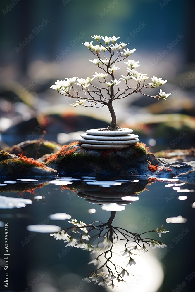 White flower grow out of zen stone pile in pond in forest, zen buddhism ...