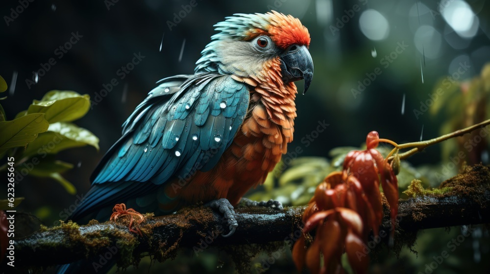 Hybrid parrots in forest. Macaw parrot flying in dark green vegetation ...