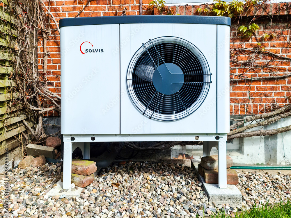 Kiel, Germany - 13. July 2023: A Solvis brand heat pump in front of a ...