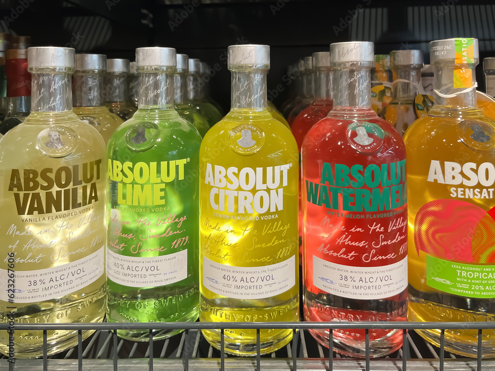 GERMANY - JUL 08, 2023: Absolut Vodka bottles on the supermarket shelf ...