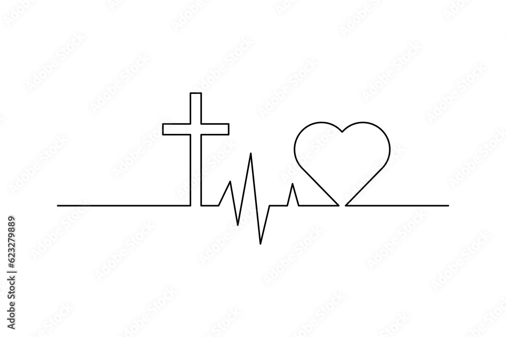 Cross mark symbol Christian faith, single line. The cross and the pulse ...