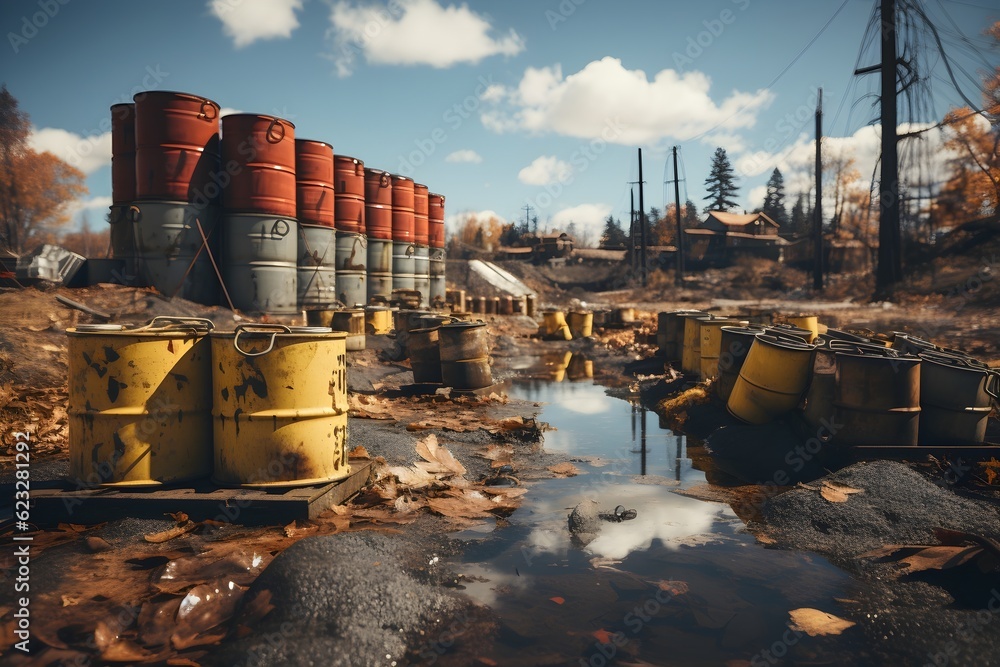 A hazardous waste disposal site with barrels and containers ...