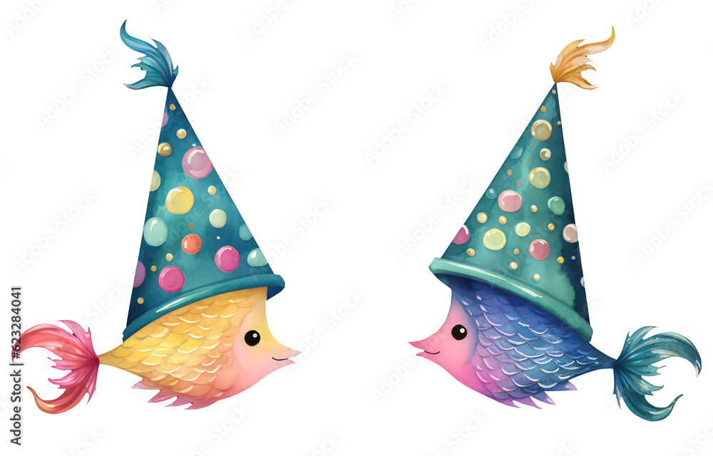 Watercolor cartoon fish birthday with hats three different types on ...