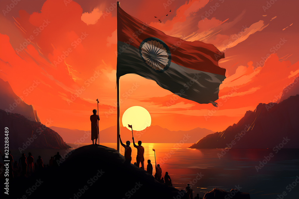 Sunrise or Sunset: Indian Flag and Birds Soar High in Sky. Perfect for ...