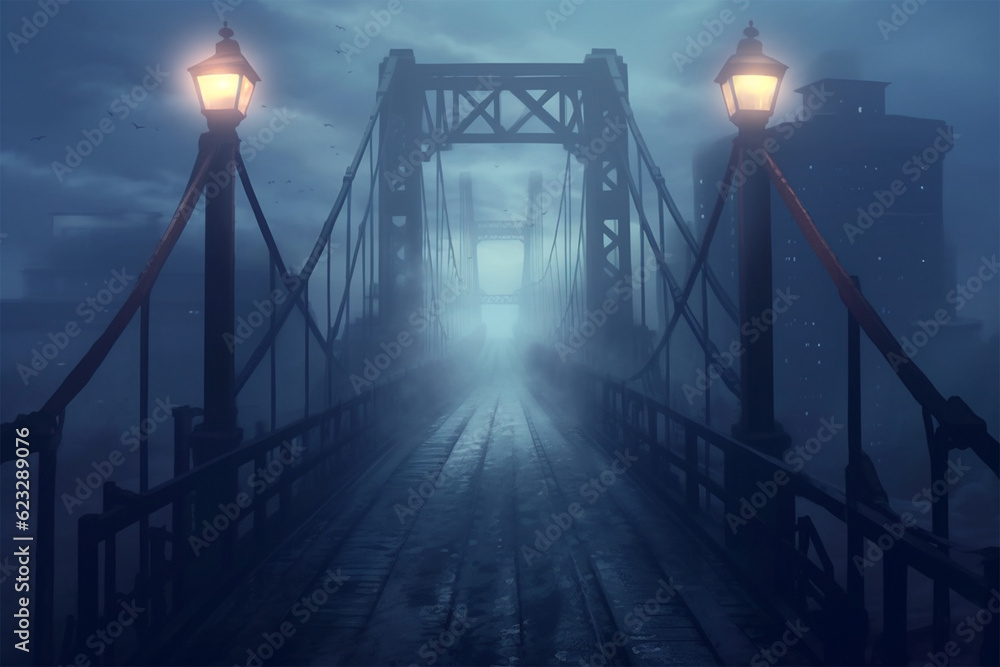 Generative AI. anime style horror background, foggy old bridge Stock ...