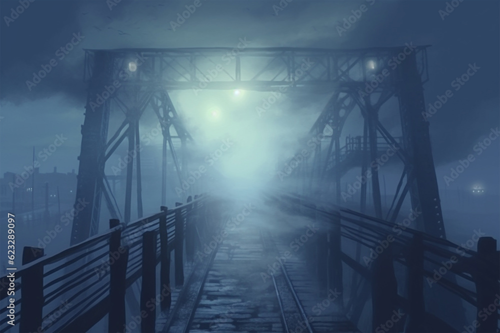Generative AI. anime style horror background, foggy old bridge Stock ...