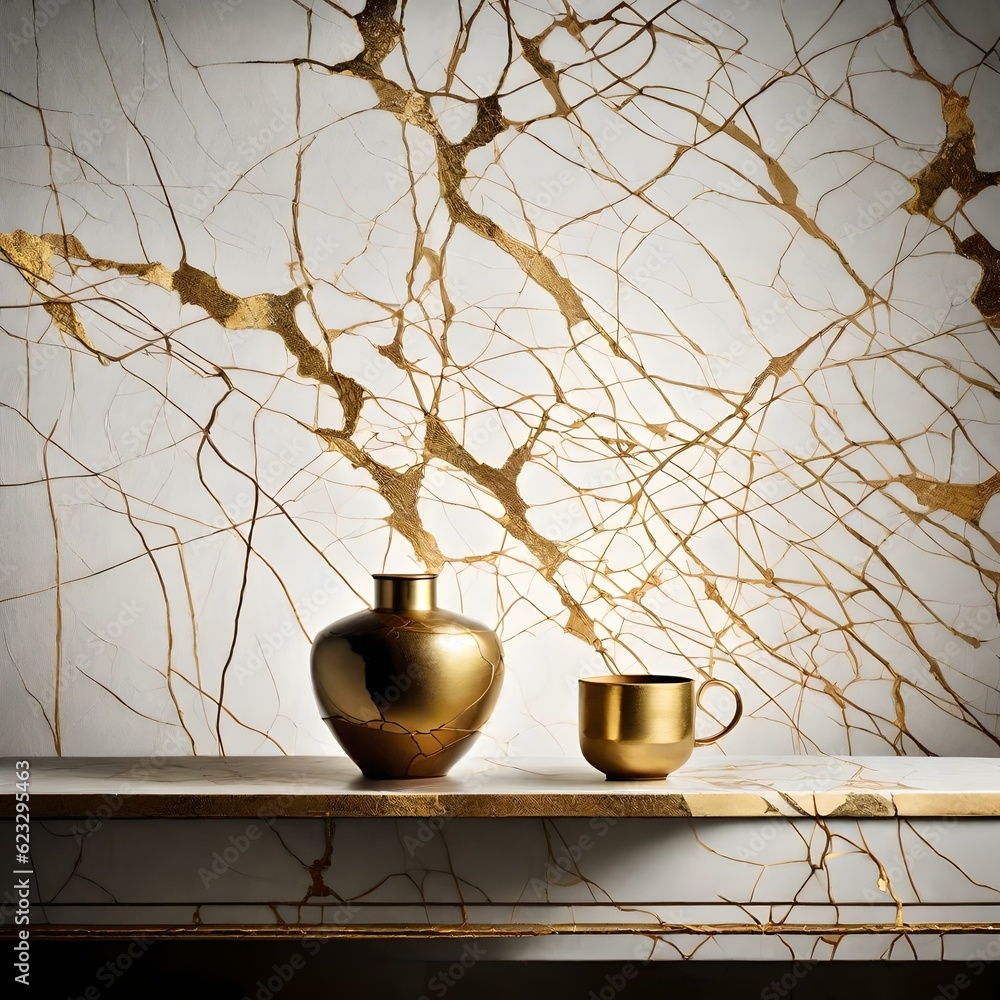 Radiate opulence with a gold-colored vase and cup against a Kintsugi ...