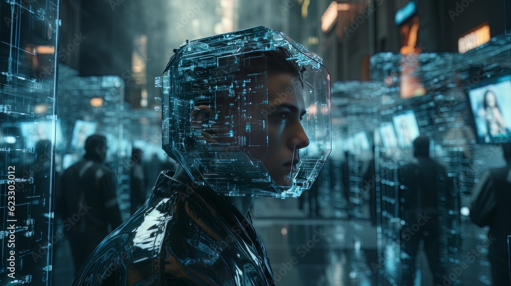 Robot with human man face sits at computer in the room with monitors ...