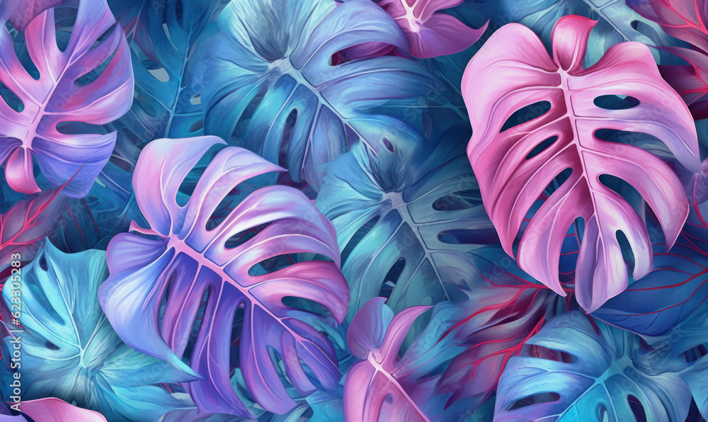 Tropical leaves textured wallpaper. Creative monster pink and blue ...