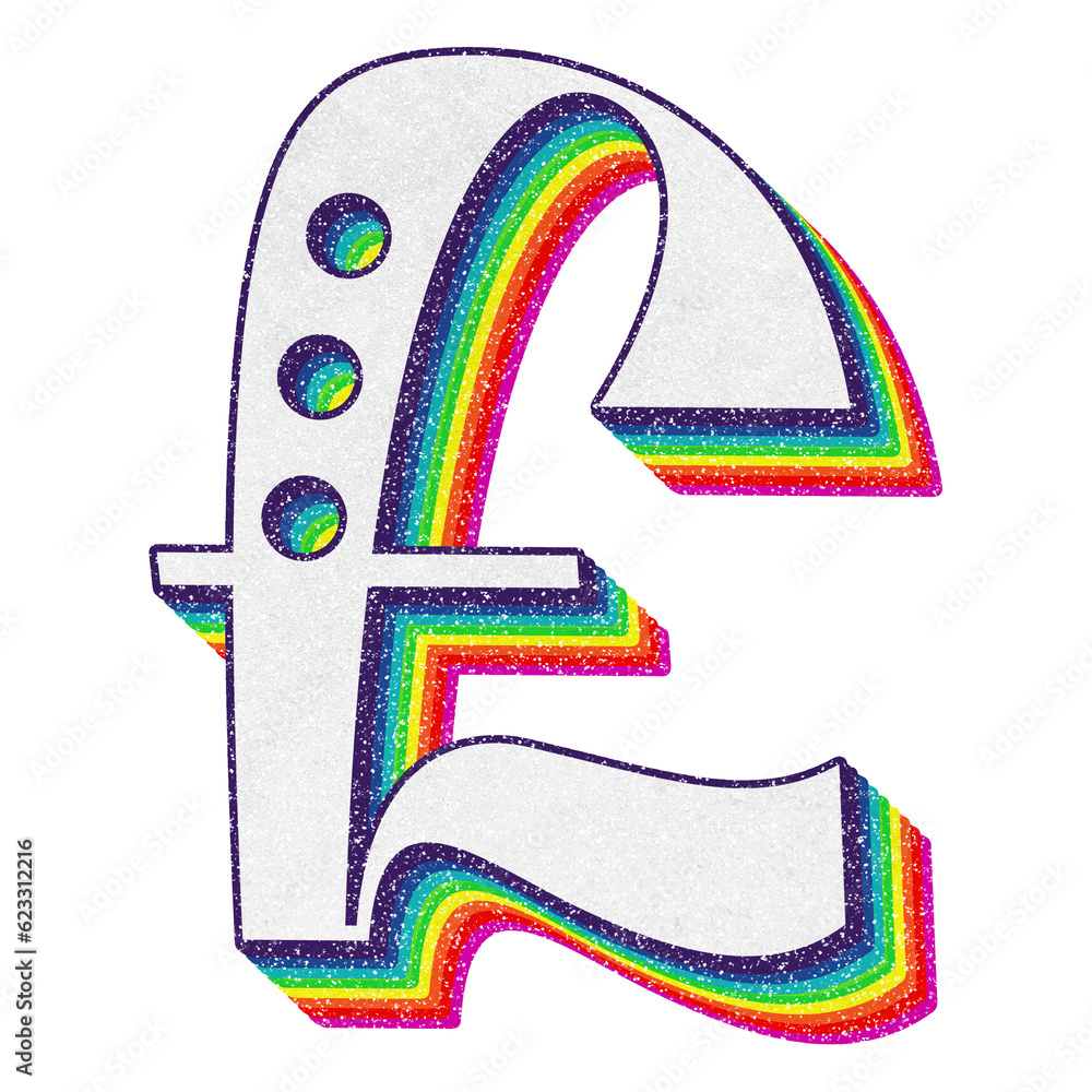 Rainbow glitter pop pound sterling symbol isolated on white background ...