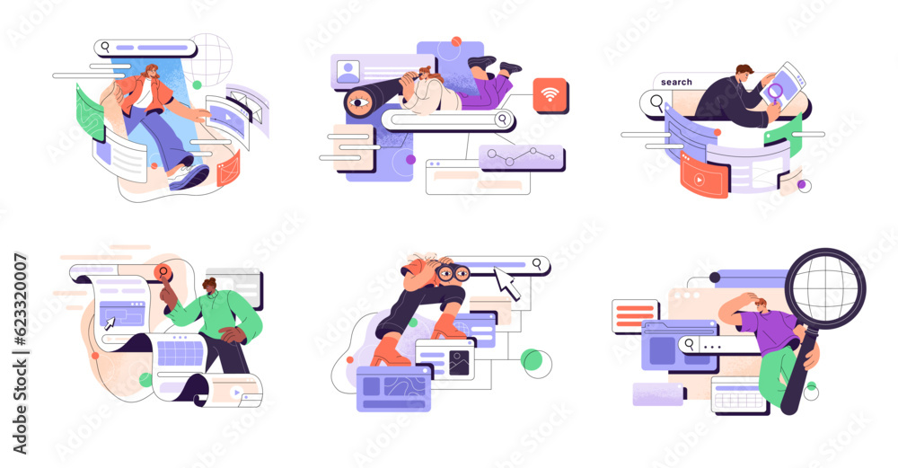 People searching, exploring, surfing internet with magnifier ...