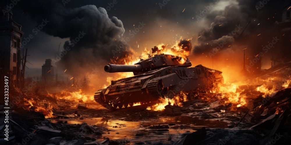 Armored tanks crossing minefields during war invasion Epic scene of ...