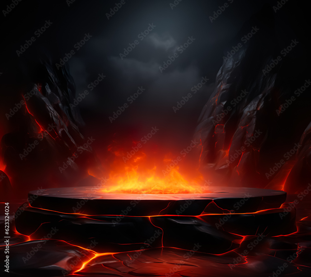 Table top stone or stand product display with fire flames in dark ...