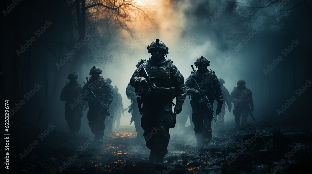 Soldiers with Rifles Advancing through Smoke-Filled Battlefield , army ...