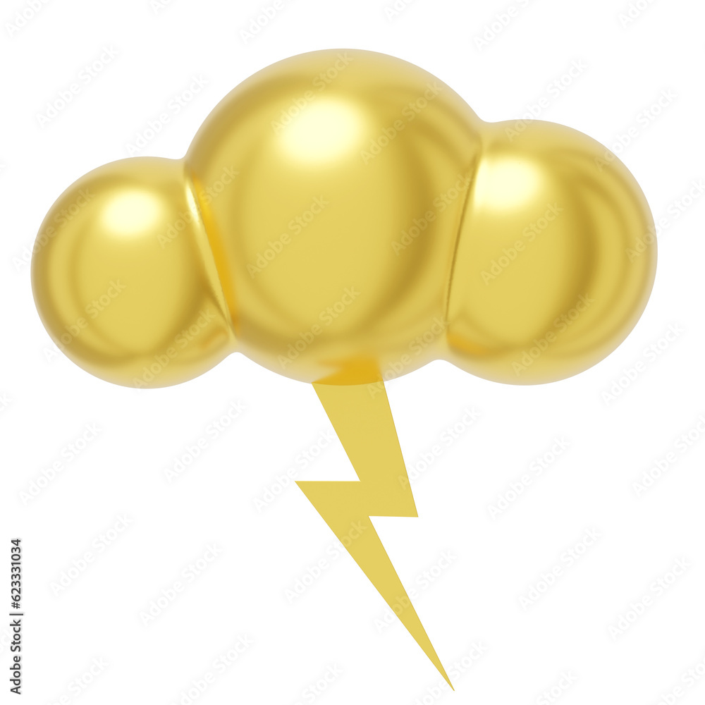 Cartoon cloud with lightning gold metal. 3D rendering. PNG icon on ...