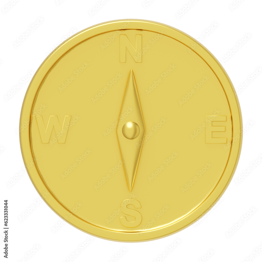 Simple compass gold metal, navigation, direction finding. 3D rendering ...