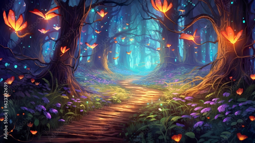 Fantasy fairy tale background with forest and blooming path. Fabulous ...