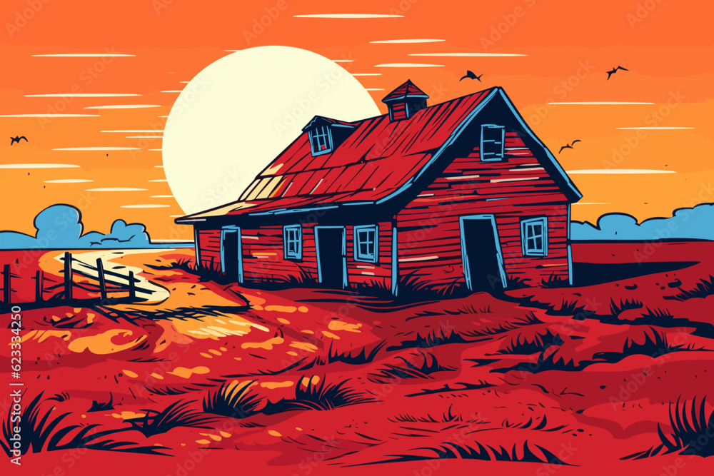 Doodle inspired Abandoned farm, cartoon sticker, sketch, vector ...