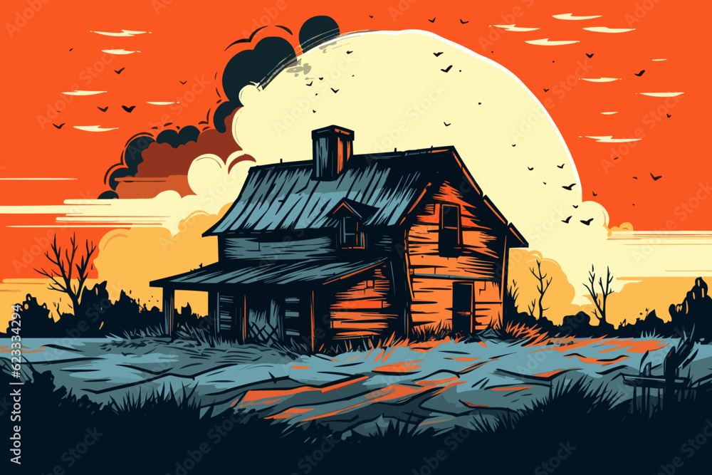 Doodle inspired Abandoned farm, cartoon sticker, sketch, vector ...