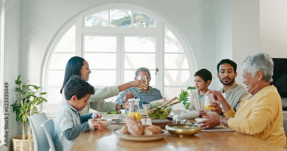 Food, big family and eating together in home, generations in dining ...