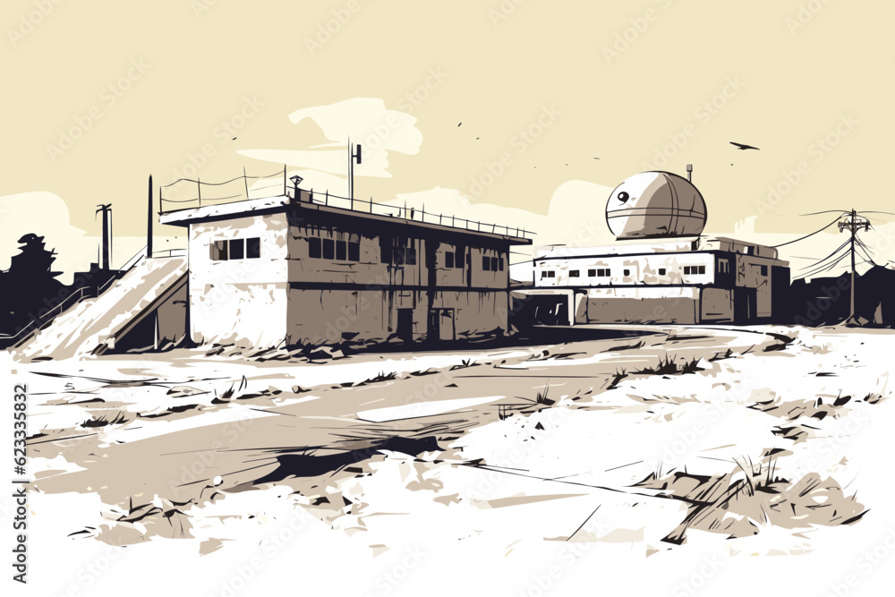 Vetor de Doodle inspired Abandoned military base, cartoon sticker ...