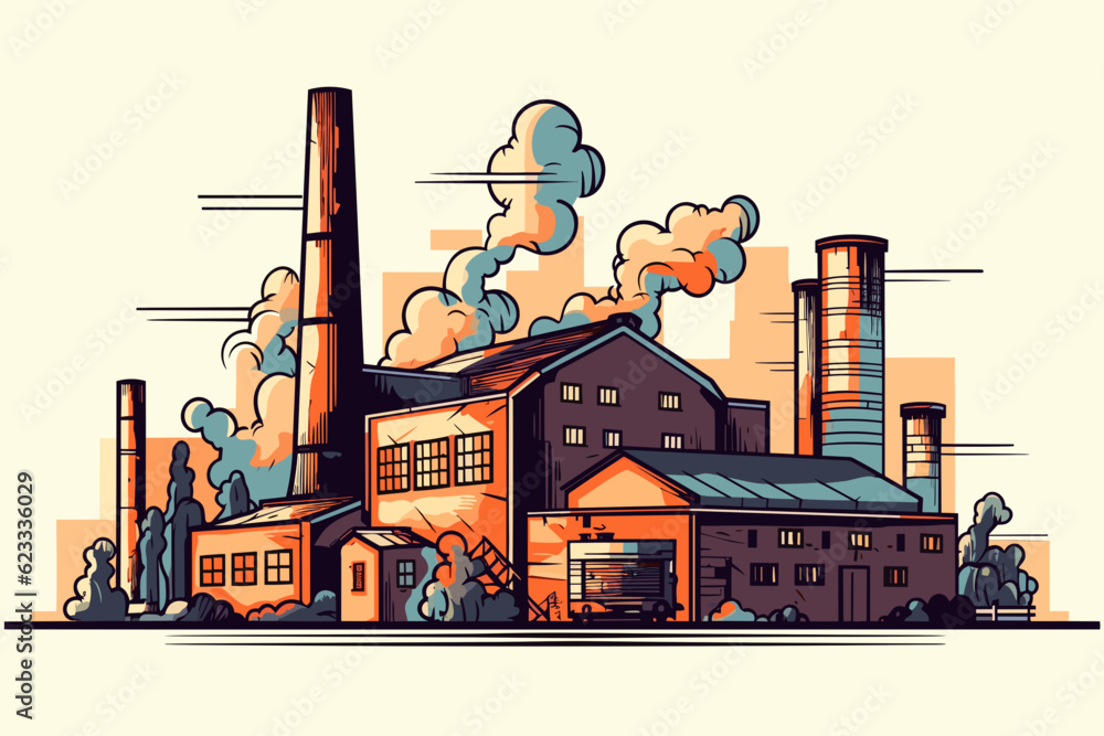 Doodle inspired Disused factory, cartoon sticker, sketch, vector ...