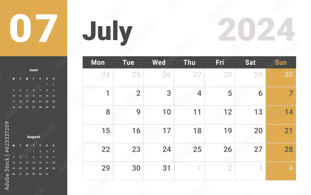 Monthly Calendar Template of july 2024. Vector layout simple calendar ...