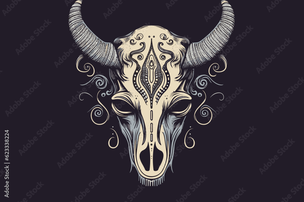 Doodle inspired Cow skull, cartoon sticker, sketch, vector ...
