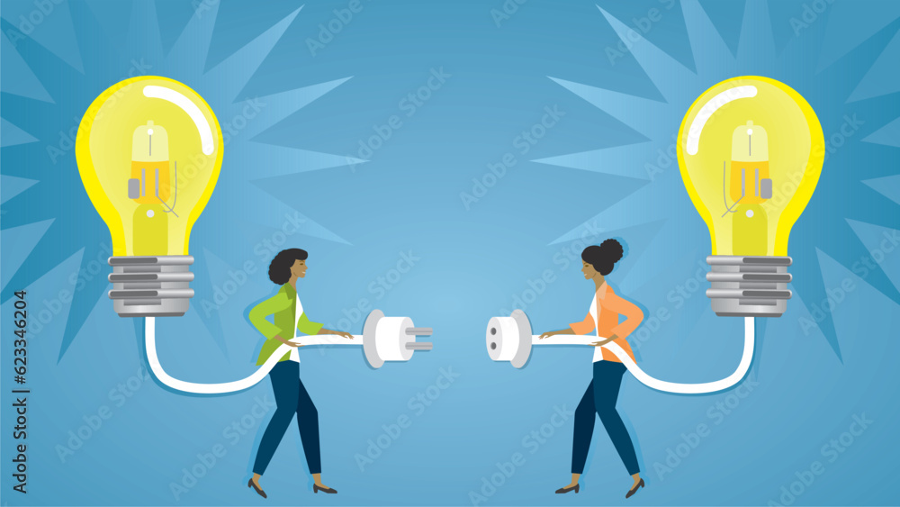 Banner, connecting ideas, research and development. Two women ...