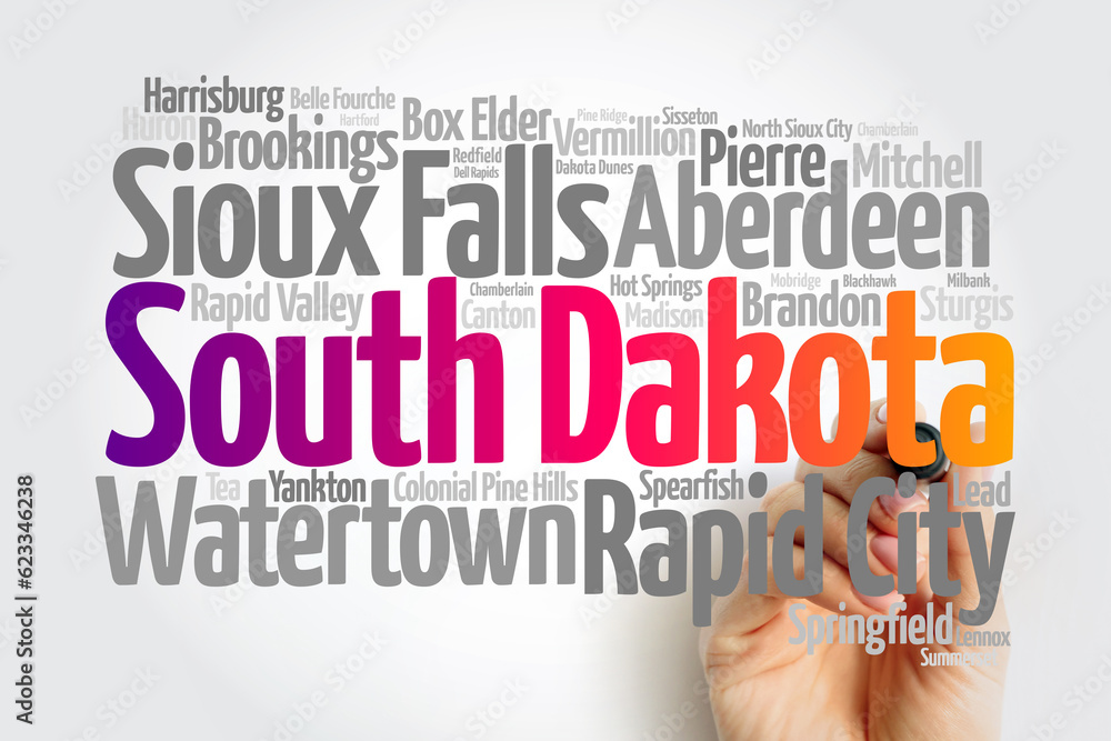List of cities in South Dakota USA state, map silhouette word cloud map ...