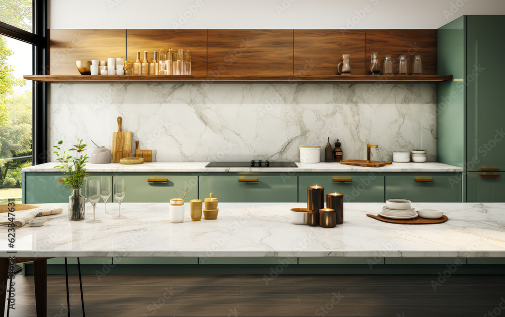 Upscale Dining Oasis: Sage Green Kitchen Island, Polished Marble Table ...