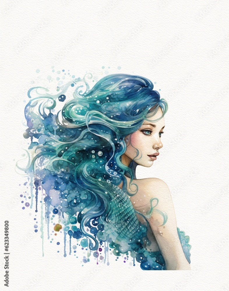 watercolor drawing of stunning beautiful mermaid princess girl, mermaid ...