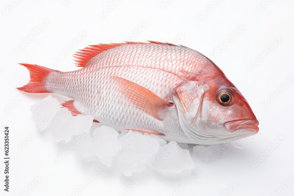 Sea fish red snapper or red sea bass on ice chips and cubes on a white ...