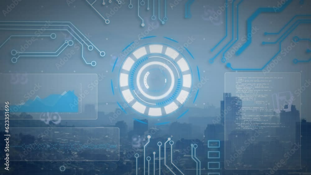Animation of arc reactor, graphs, circuit board pattern, computer language over modern city ...