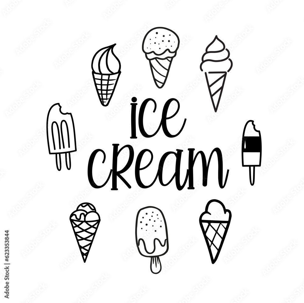 Ice cream icons. Typography, black letters isolated on white background ...