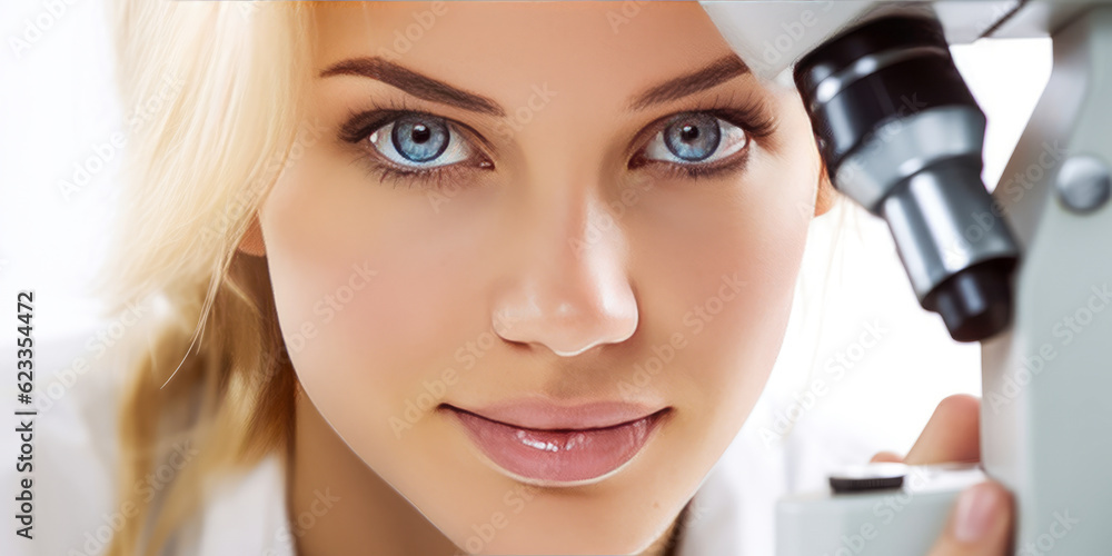 Empowering image of determined blonde female in lab coat engrossed in ...