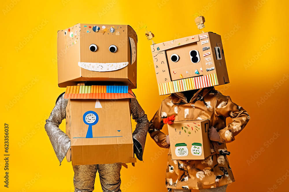 Dynamic duo of humorously dressed women in cardboard robot outfits ...