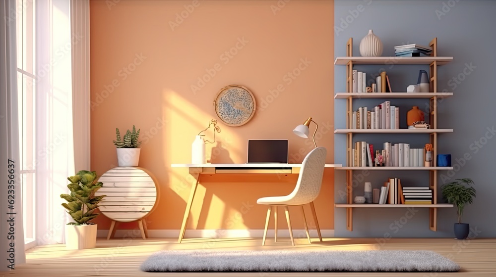 study room interior design with computers, bookcase chairs and tables ...