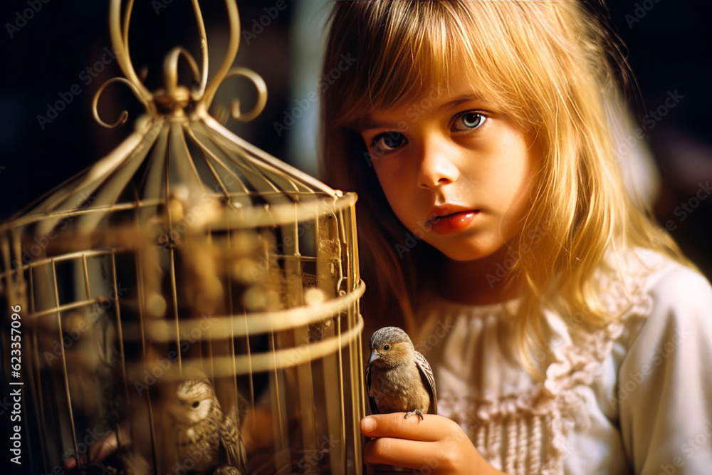 Enchanting scene of a vintage-dressed girl releasing cherished birds ...