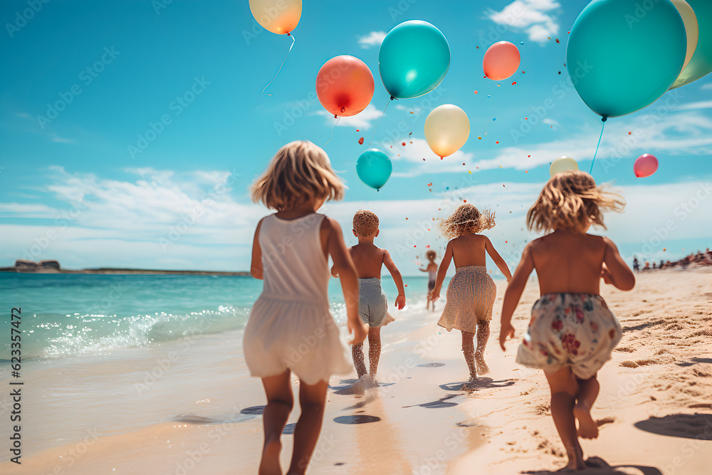 Niños corriendo por la arena de la playa con globos de colores ...