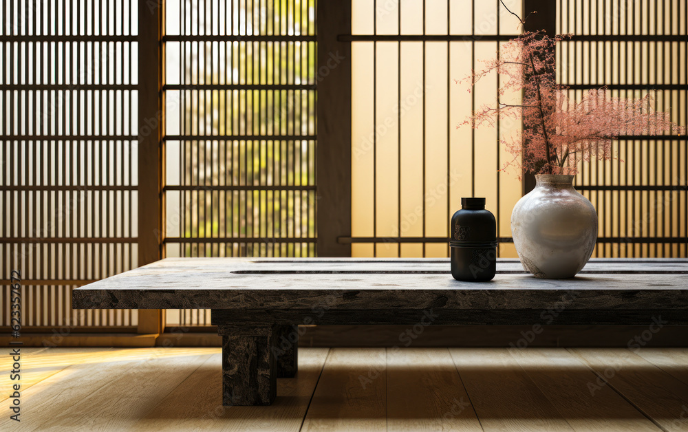 Empty white terrazzo counter table, black wood panel in traditional ...