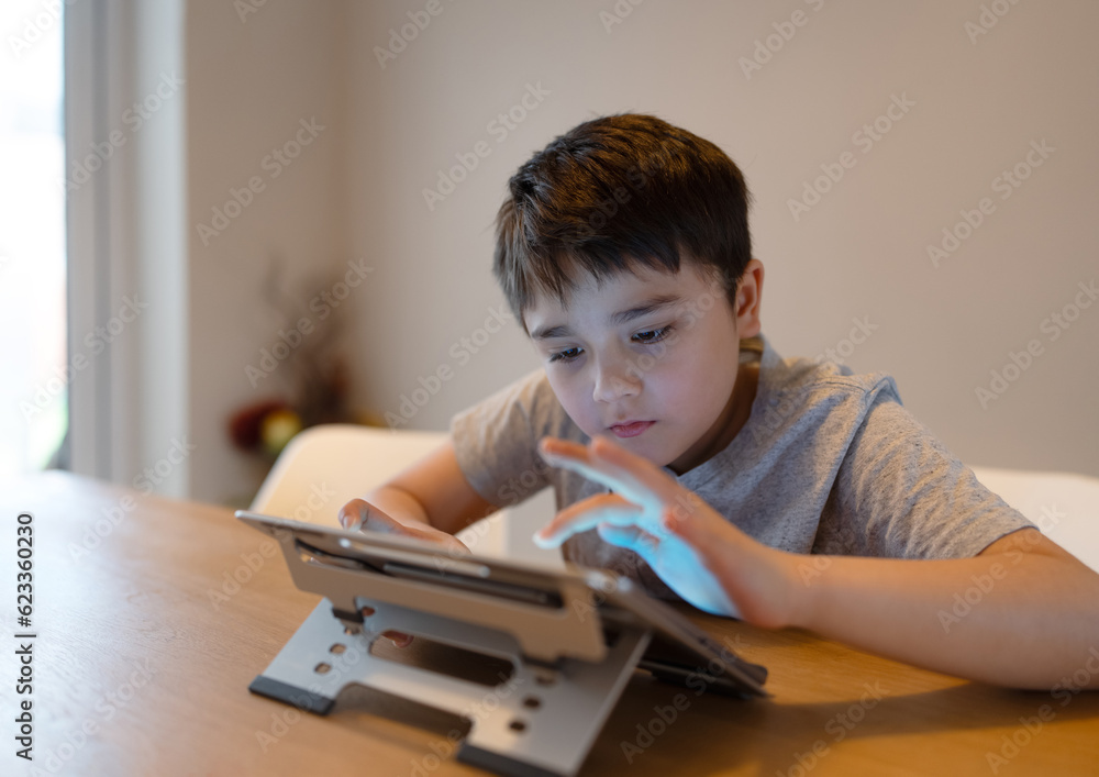 Preteen schoolboy doing homework with digital tablet in living room ...