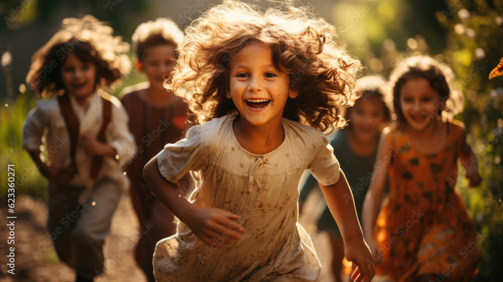 Happy kids playing outside and having fun together in summertime on ...