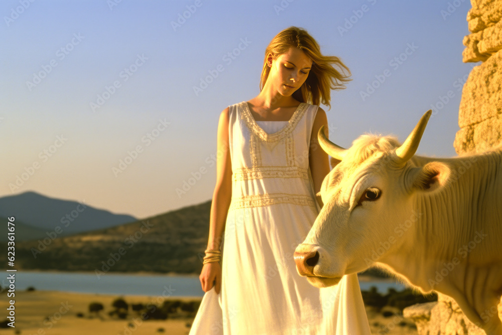 Enchanting European goddess in toga with beautiful white bull, captured ...