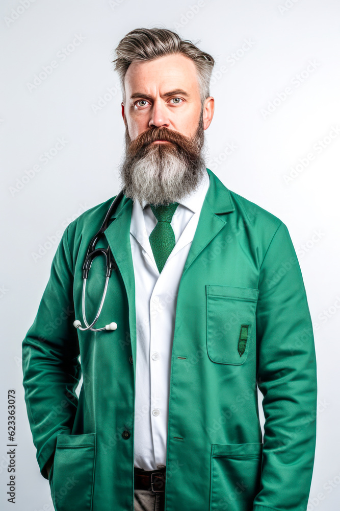 Distinctive doctor in green lab coat, exuding whimsy against a pure ...