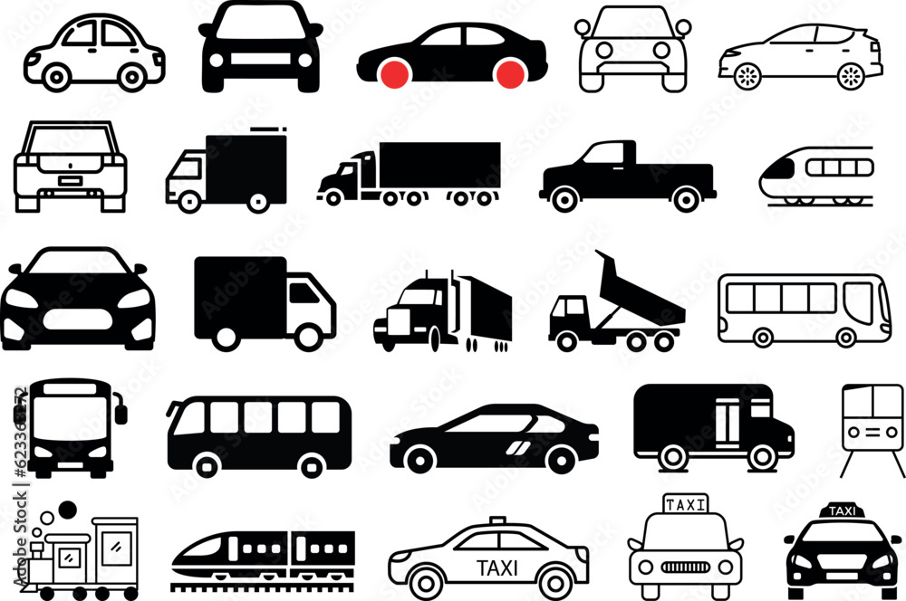 Transportation Icon Vector Set - Car, Bus, Taxi, Train, Cab.A ...