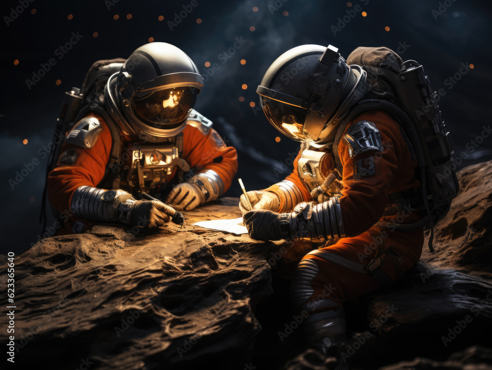 Documenting their journey, two astronauts on Mars write in a journal ...