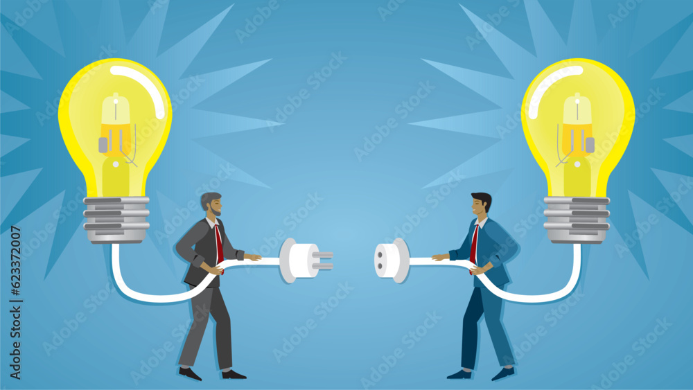 Banner, connecting ideas, research and development. Two men connecting ...