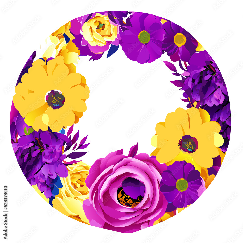 Colorful Flower banner. flower and leaves in circle. Round frame with ...