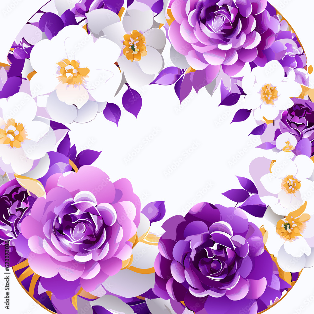 Colorful Flower banner. flower and leaves in circle. Round frame with ...